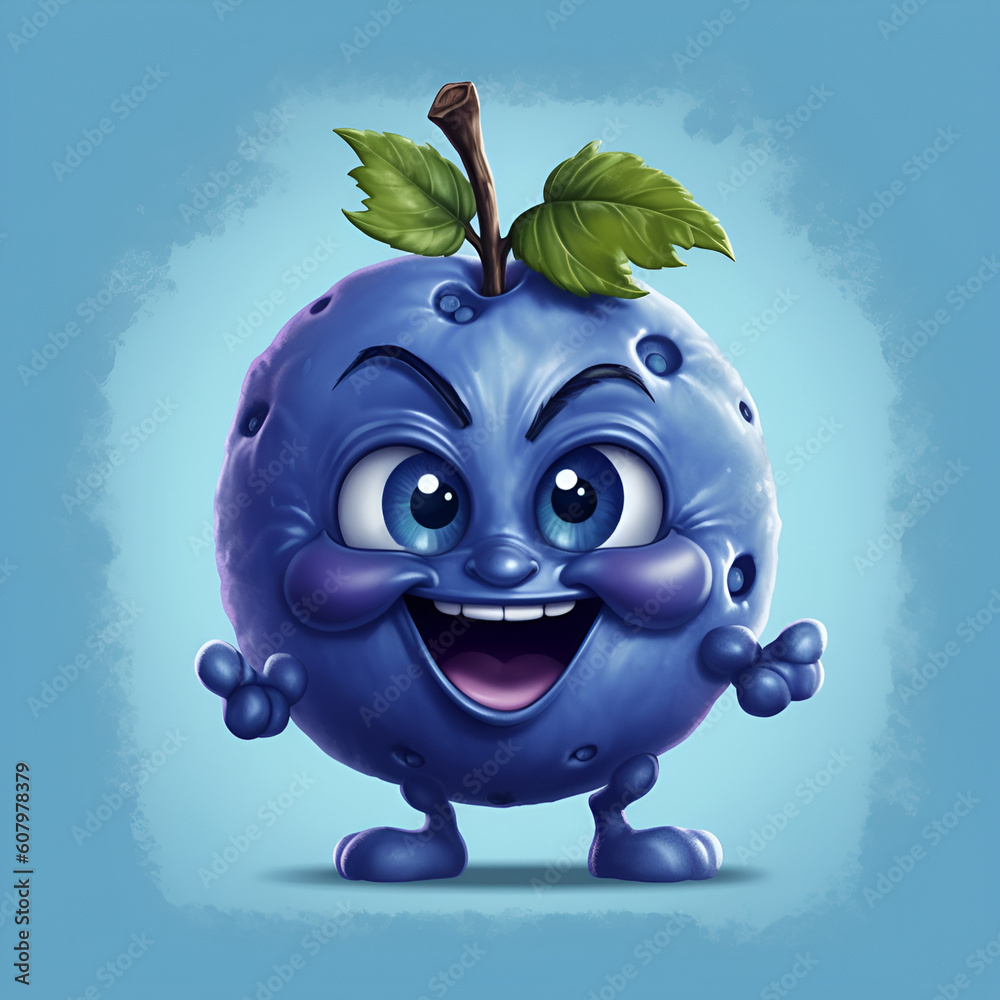 Funny cartoon blueberry with a huge smile emotion isolated on light ...