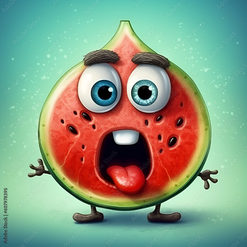 Funny cartoon watermelon with a scared screaming face on light blue ...
