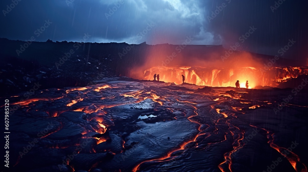 people standing in lava flow. Generative AI Art. Stock Illustration ...