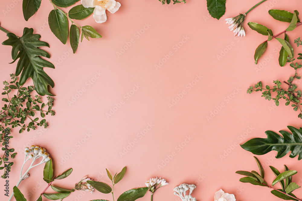 flat lay spring, flower, leaf, and nature background. Stock Photo ...