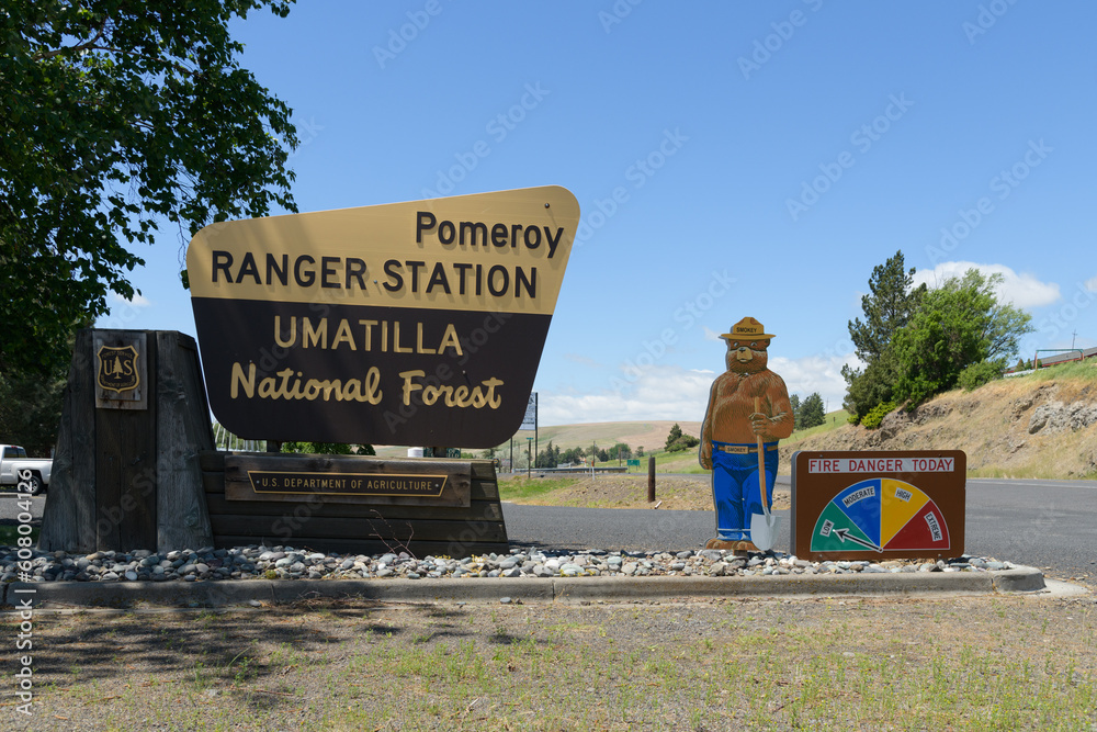 Pomeroy, WA, USA - May 22, 2023; Pomeroy Ranger Station sign and fire ...