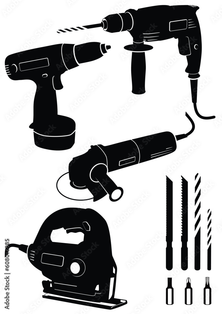Vector illustration set of different electric power tools. All vector ...