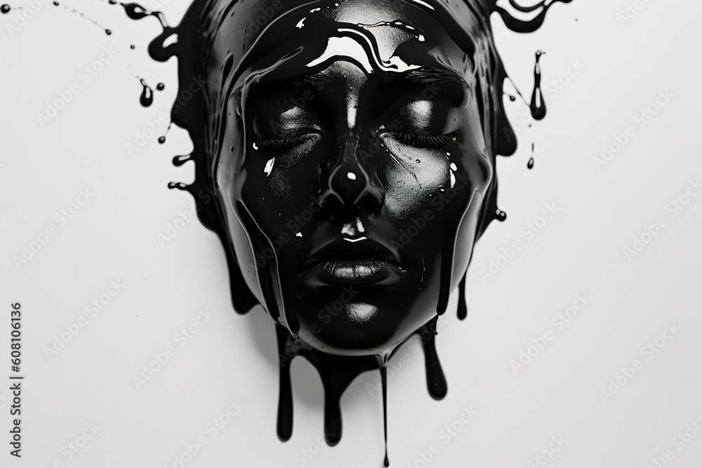 Abstract human face appears from the puddle of black liquid on the ...