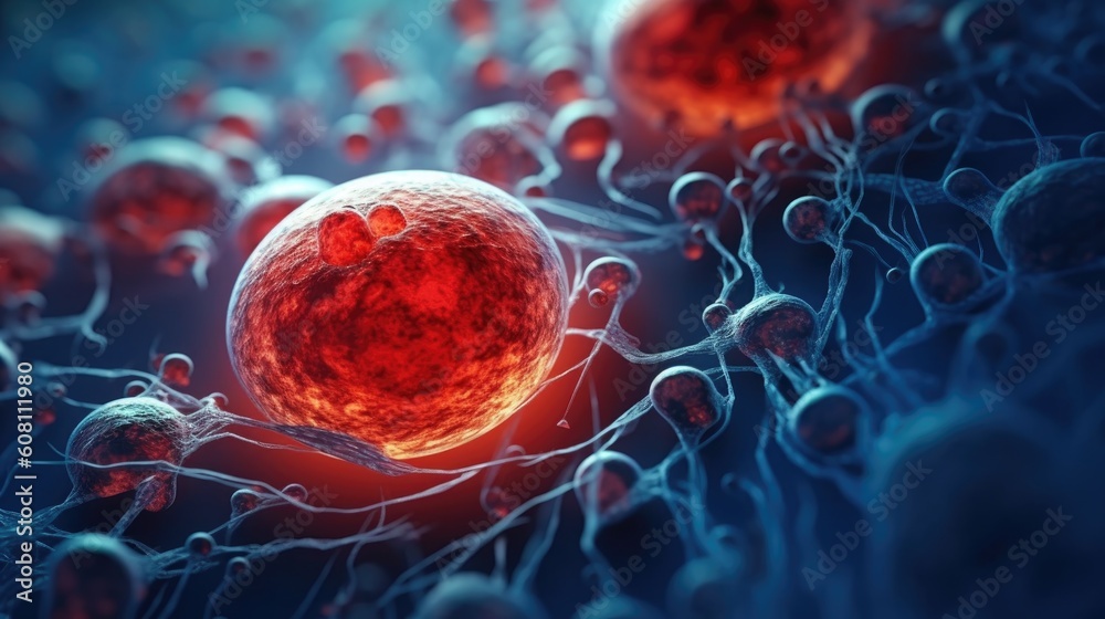 Microscope of Red embryo cell. Stem cell research and treatment ...