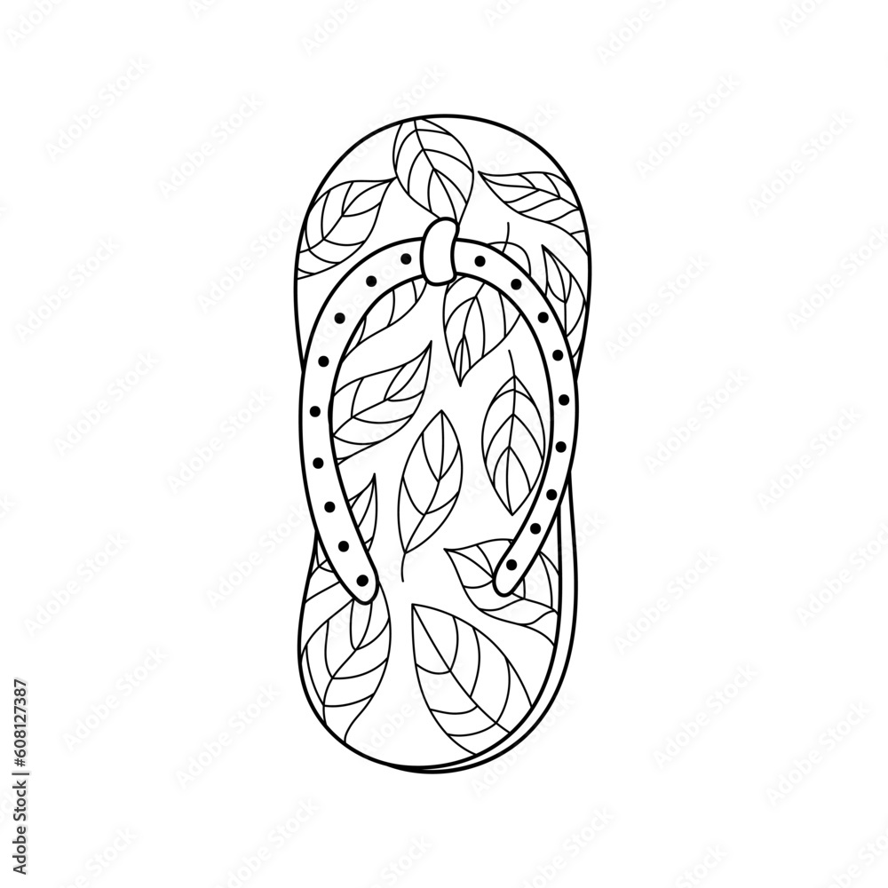 Hand drawn flip flop shoes in outline with leaves pattern. Pair of ...