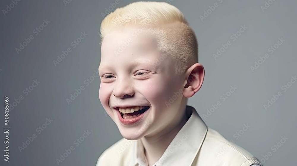 Smiling albino boy portrait in white shirt on solid white background ...