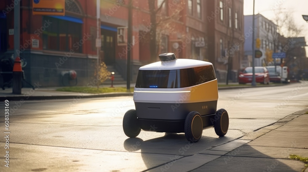 Delivery robot drives down the street sidewalk, last mile secure ...