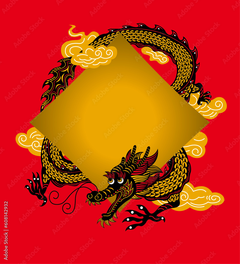 Paper cutting style dragon. Vector in red, black, white and gold color ...