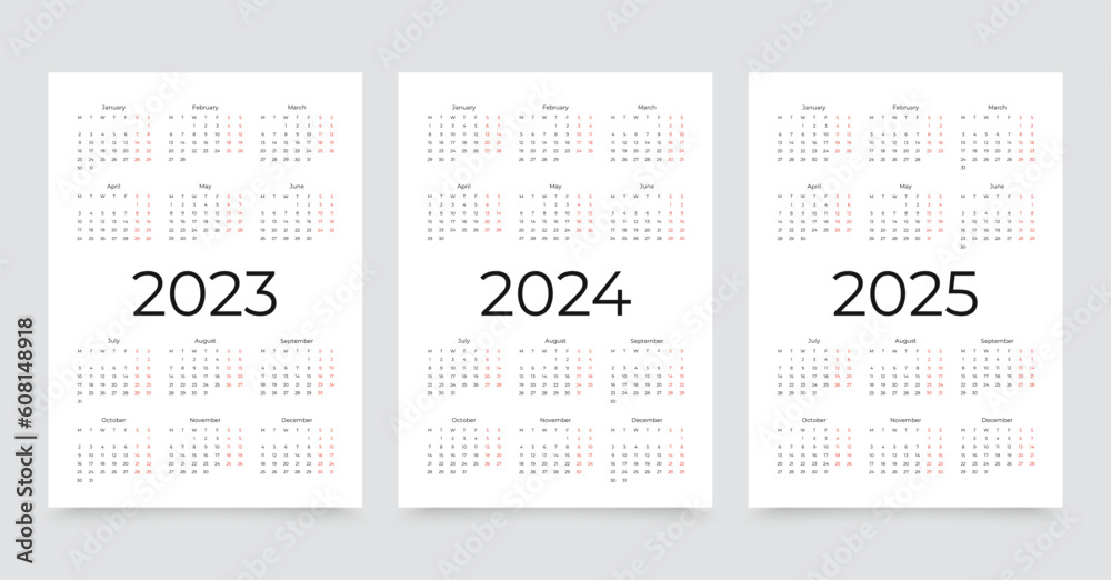 2023, 2024, 2025 years calendar. Week starts Monday. Simple calender ...