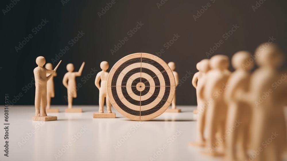 target and goal concept, Wooden figures standing around dartboard and ...