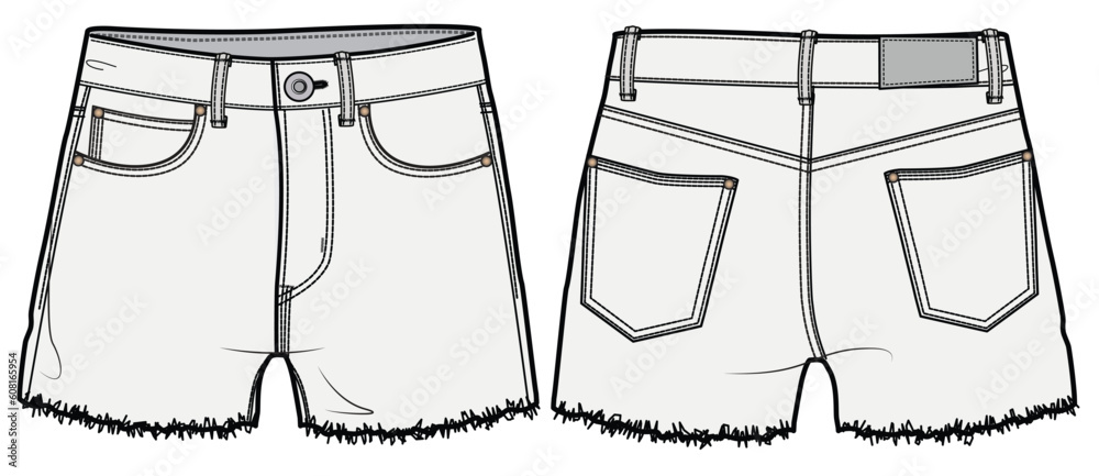 Denim Short with Raw Hem, Frayed Hem Denim Shorts Front and Back View ...