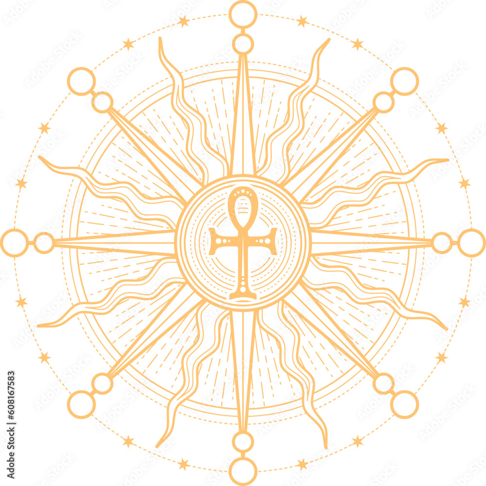 Sun and ankh cross esoteric occult pentagram, magic tarot sign. Vector ...