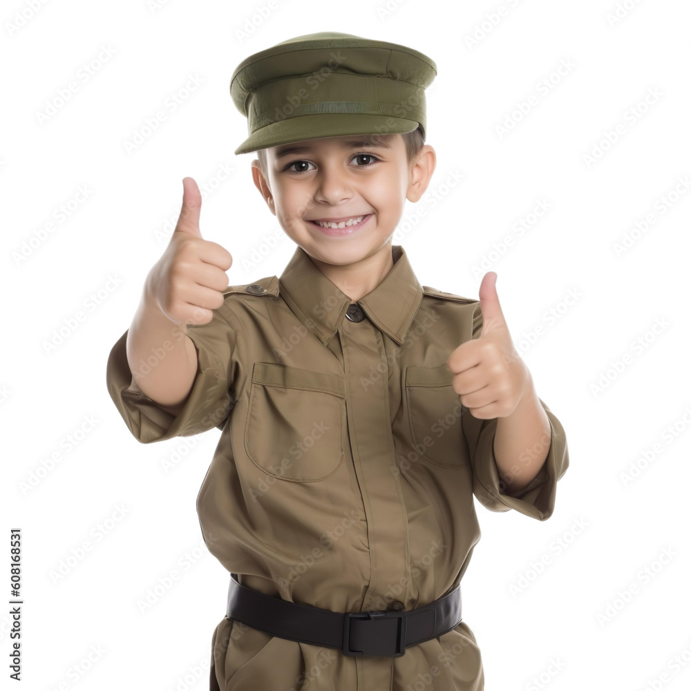 Child boy dressed as Army Officer showing thumbs up isolated on ...