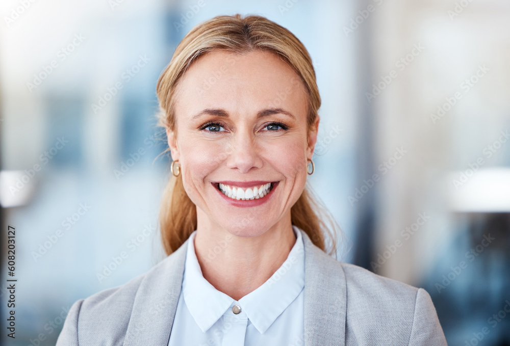 Happy, smile and portrait of business woman in office for professional ...