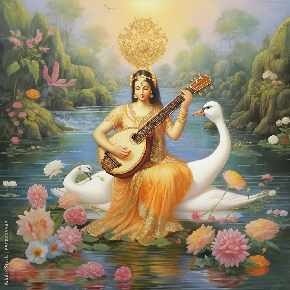 Goddess Saraswati with Veena on her hand. Stock Illustration | Adobe Stock