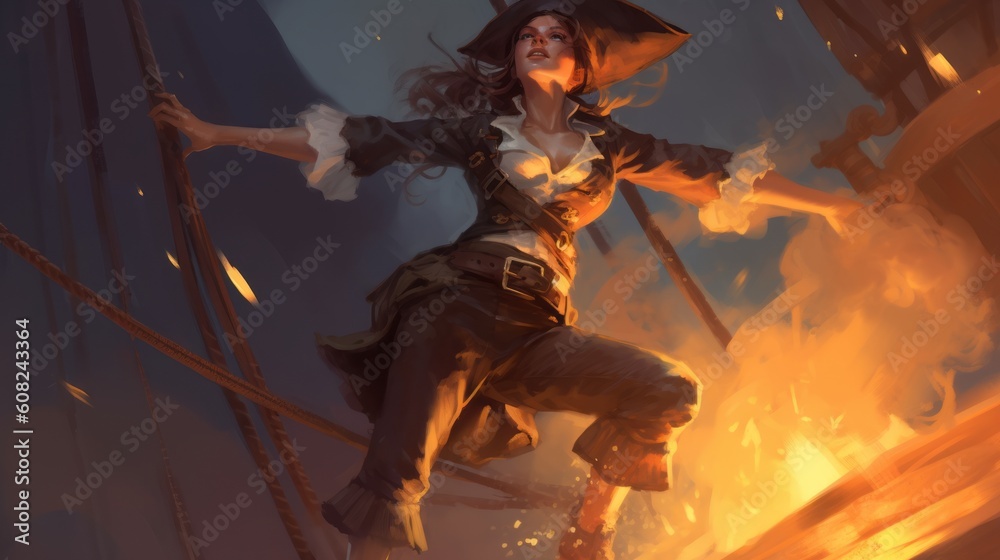 Art of a woman with long legs, on the ship, pirate. Beautiful ...