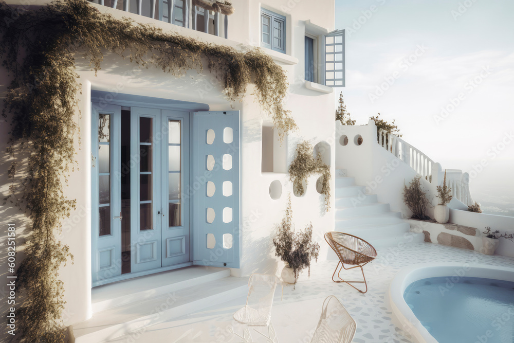 Mediterranean style white elegant house exterior with blue door and ...