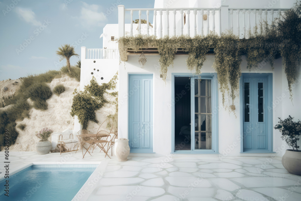 Mediterranean style white elegant house exterior with blue door and ...