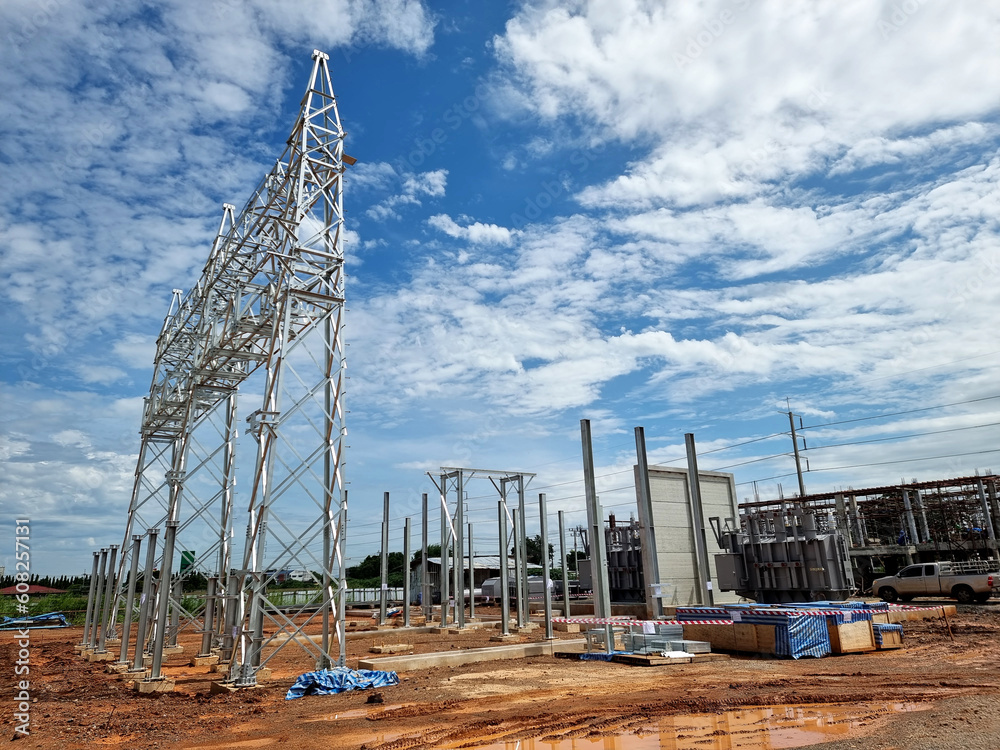 Construction of Substation: Steel structure of high voltage take-off ...