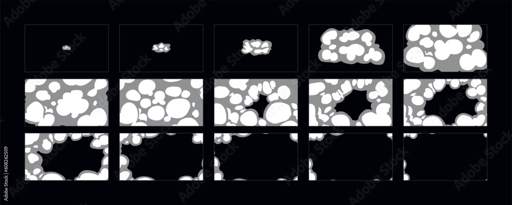 Smoke explosion animation. 2d cartoon smoke animated sprite sheet frames. Flash motion boom ...