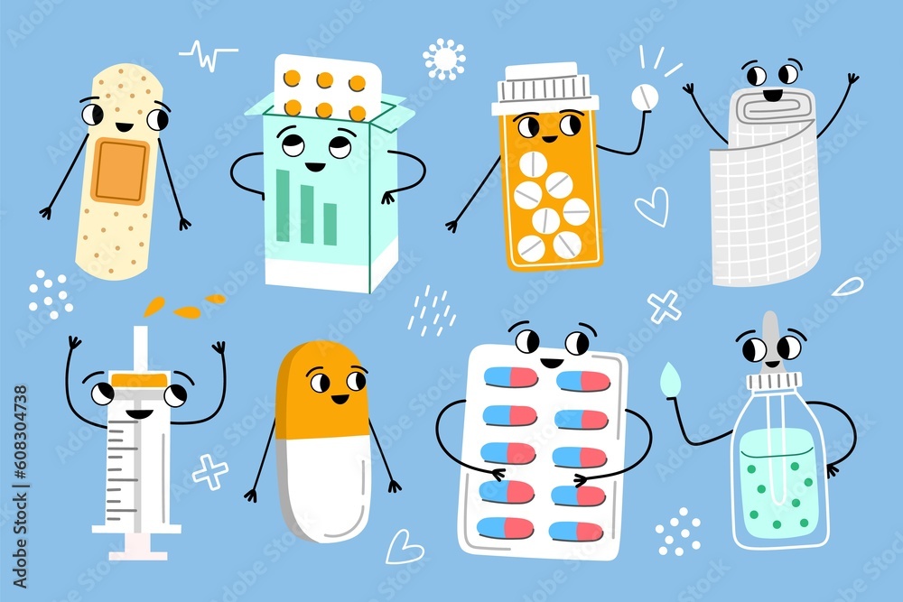 Cartoon medical preparations. Funny pharmacy characters, happy pill ...
