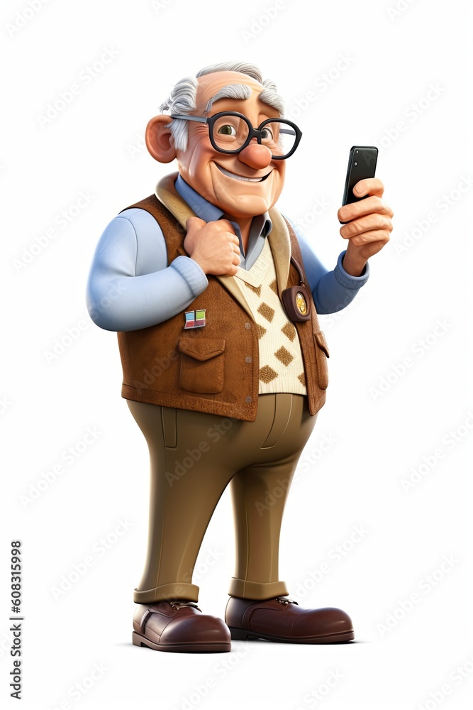 Cartoon old man with smartphone, ai generated Stock Illustration ...