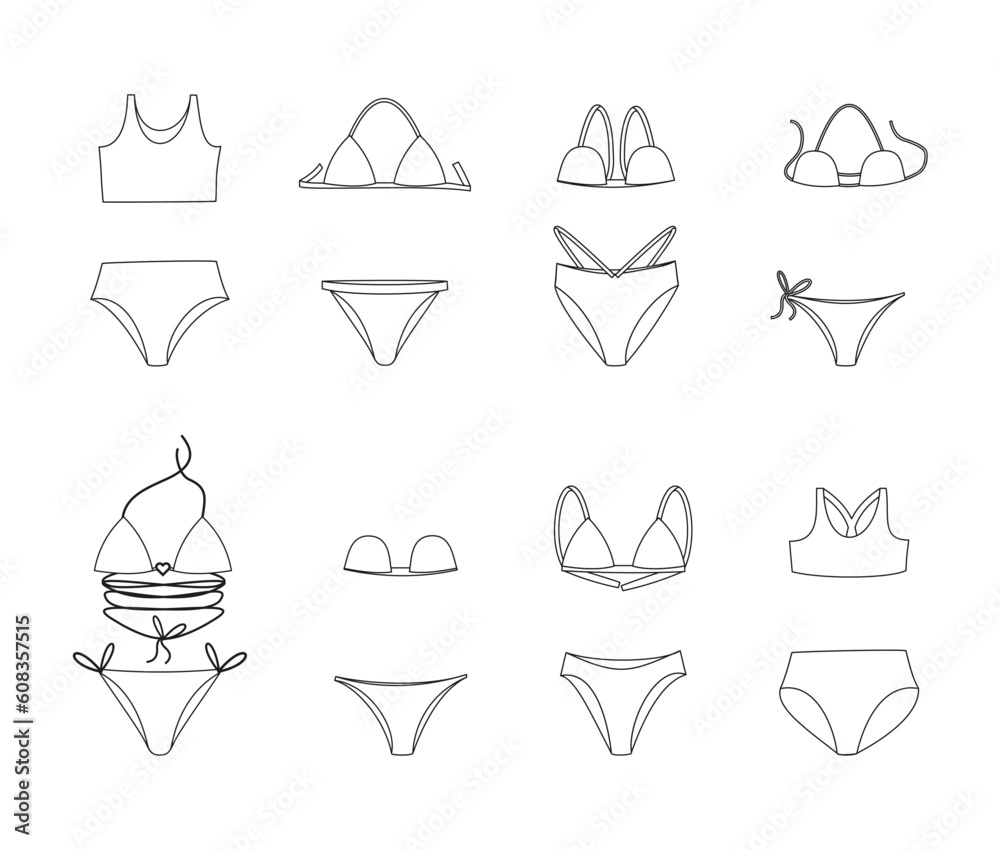 Stock-Vektorgrafik „Female line doodle bikini set. Swimsuits collection ...