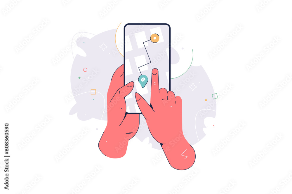 Hand holding phone and city map with gps navigation marker pins ...