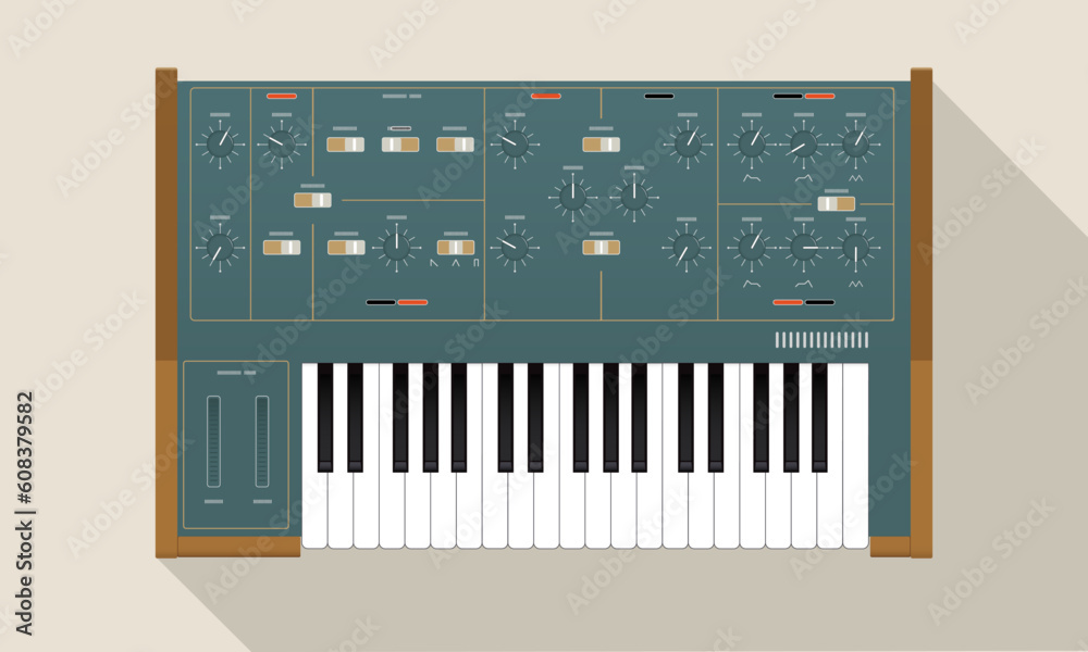 Realistic compact analog synthesizer with wood finish. An old ...