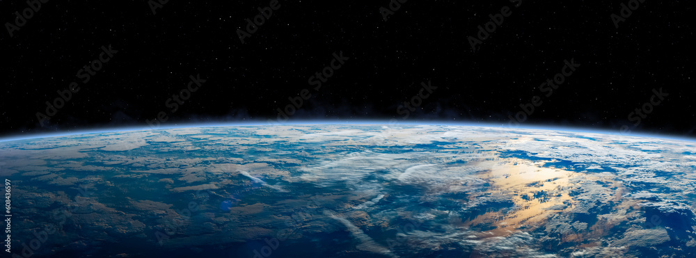 Planet Earth in outer space. Panoramic view of the Earth, stars and ...