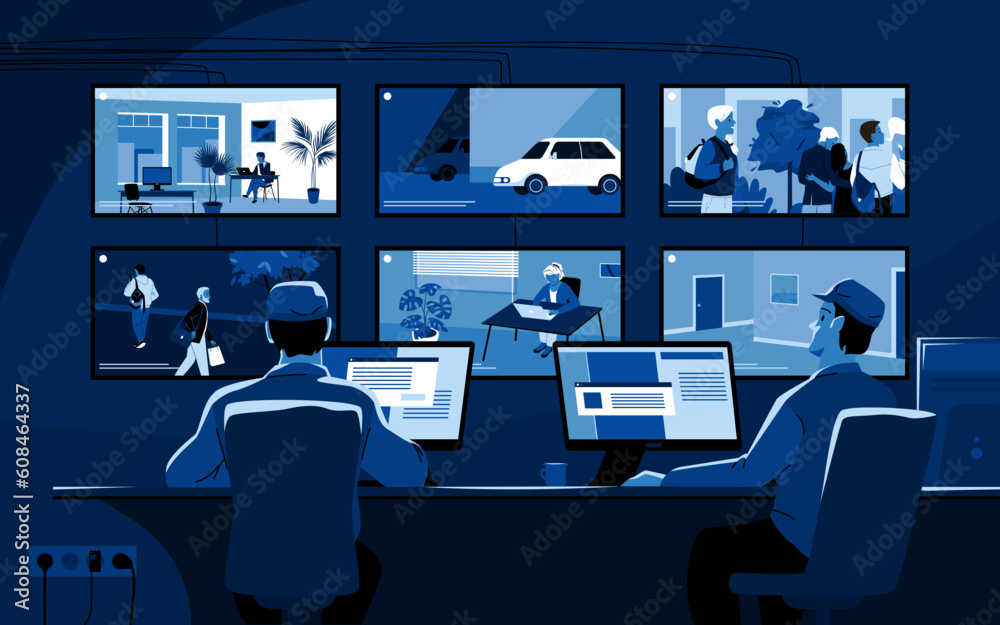 Security guards control CCTV camera system in dark room of video ...