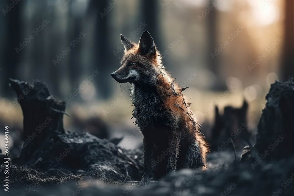injured small fox standing on scorched black earth in a fire-ravaged ...