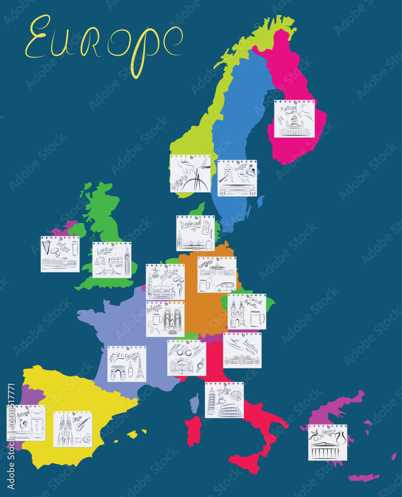 Map of Europe with countries marked with pinned notebook sheets with ...