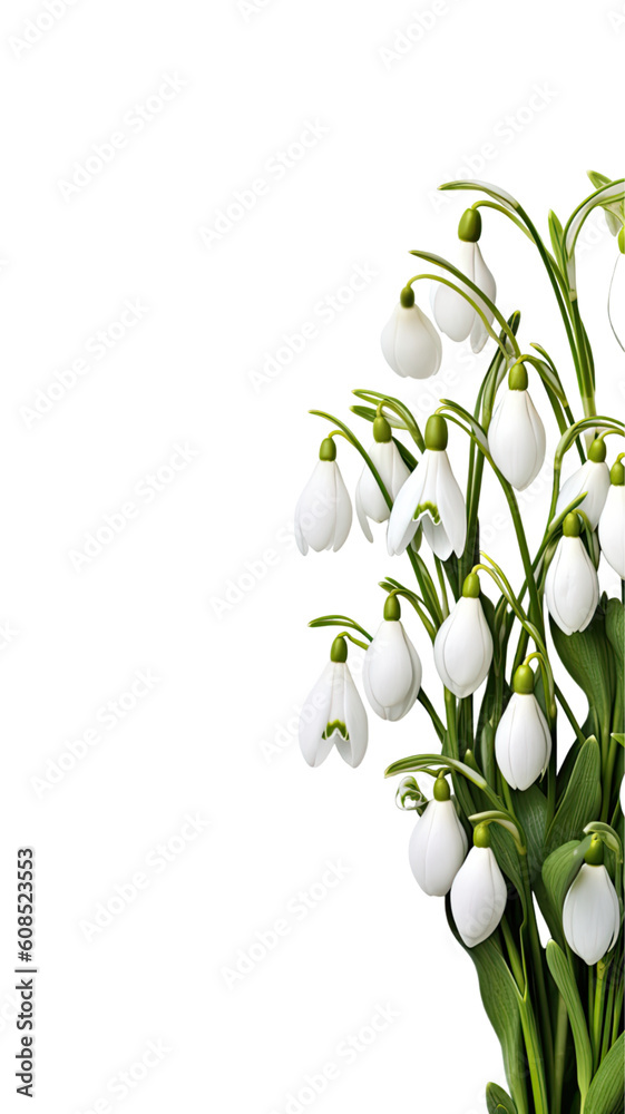 delicate snowdrop flowers as a frame border, isolated with negative ...