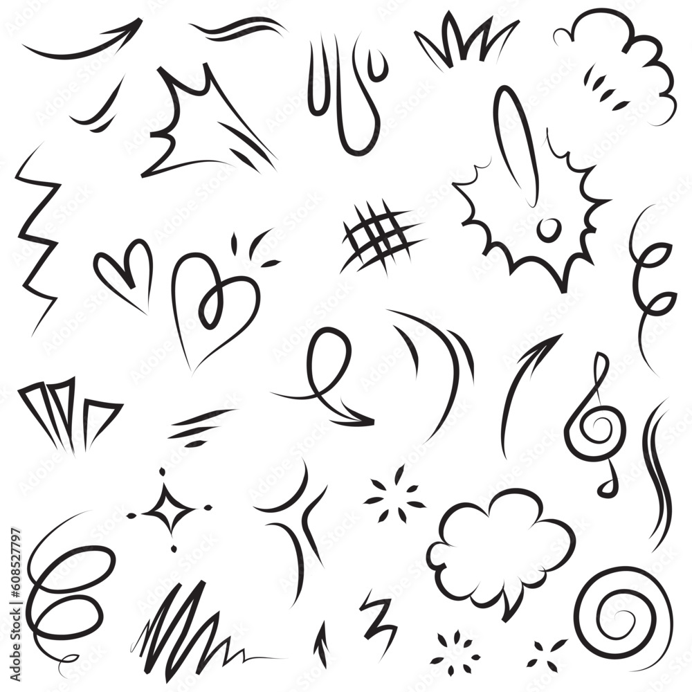 Vector set of hand-drawn cartoony expression sign doodle, curve ...