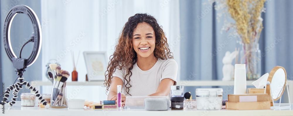 Portrait of makeup influencer, smile and woman streaming tutorial for ...
