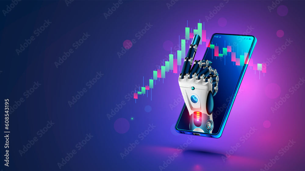 Robot trader. AI for automation trading on stock market. Hand robot point at candlestick graph ...