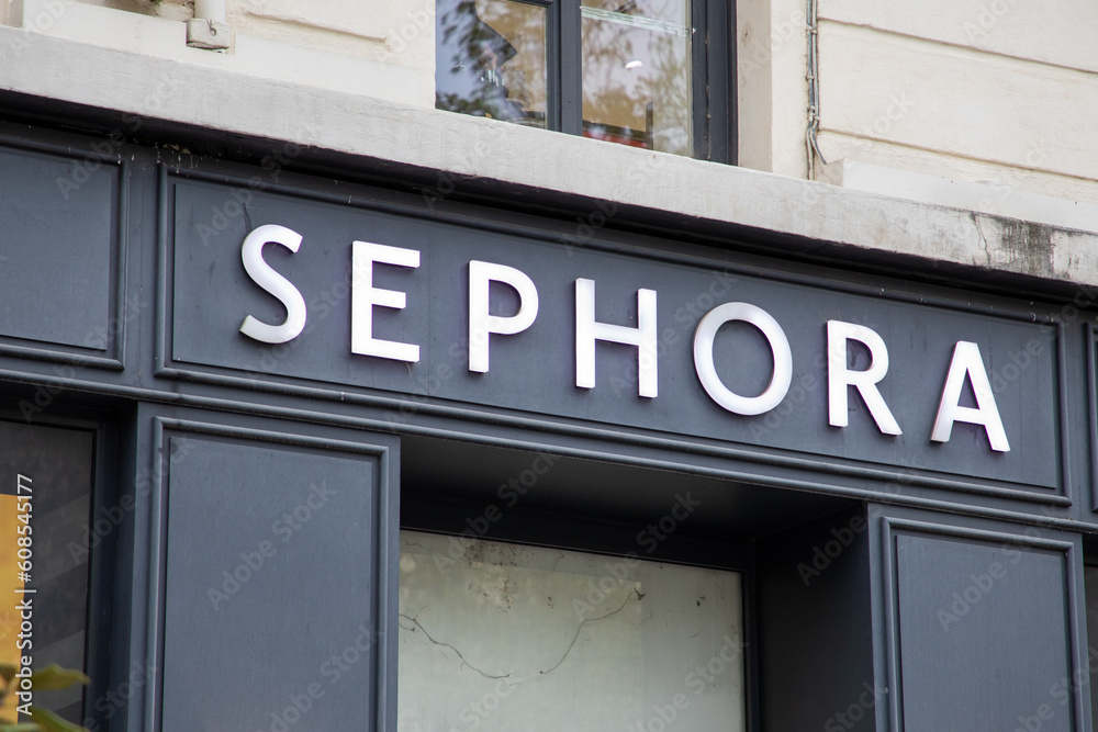 Sephora sign text and brand logo wall facade on shop French chain of ...