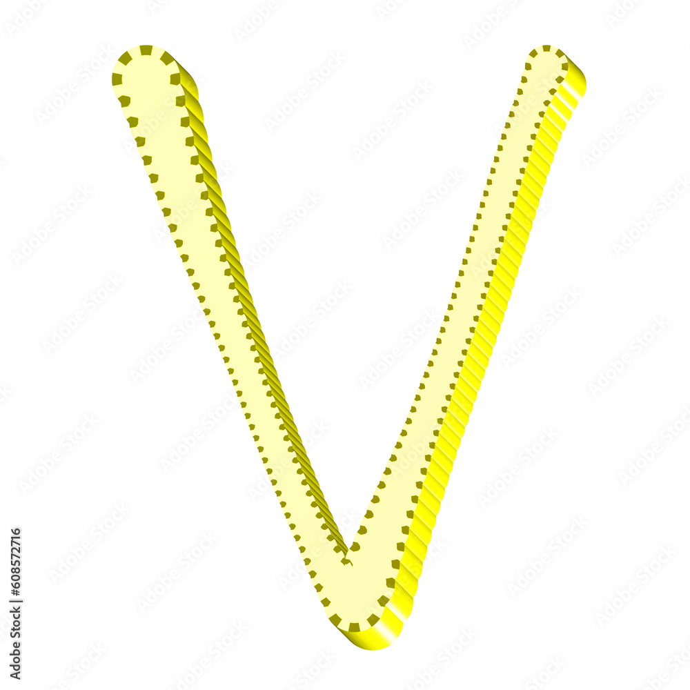 Alphabet letter V yellow color 3D shape handwriting font style graphic ...