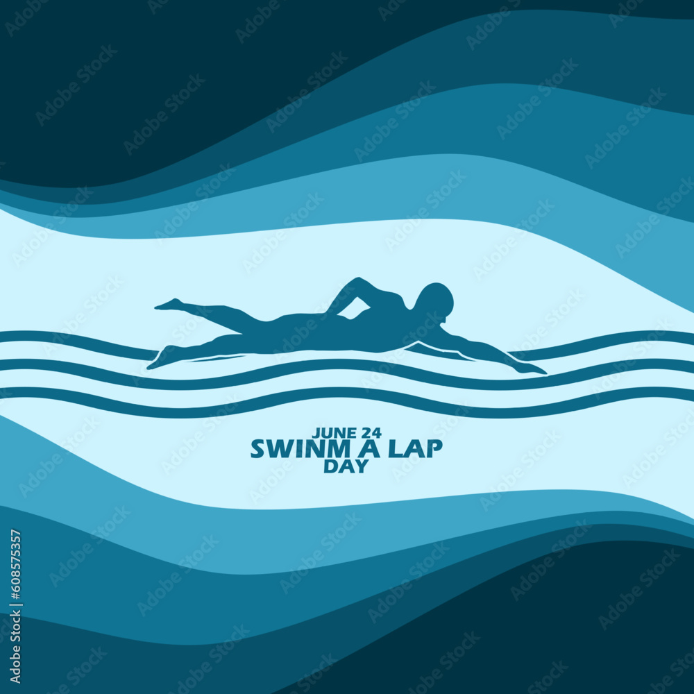Icon of a person swimming with abstract water waves and bold text on ...