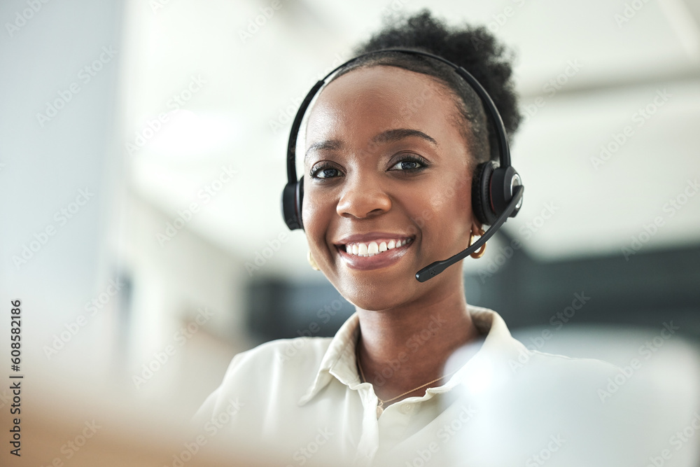 Black woman, call center portrait and phone consultation with a smile in a office with work ...