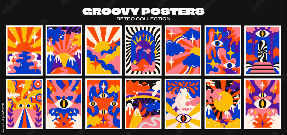 90s groovy posters. Cartoon psychedelic style. Bright hippie retro ...