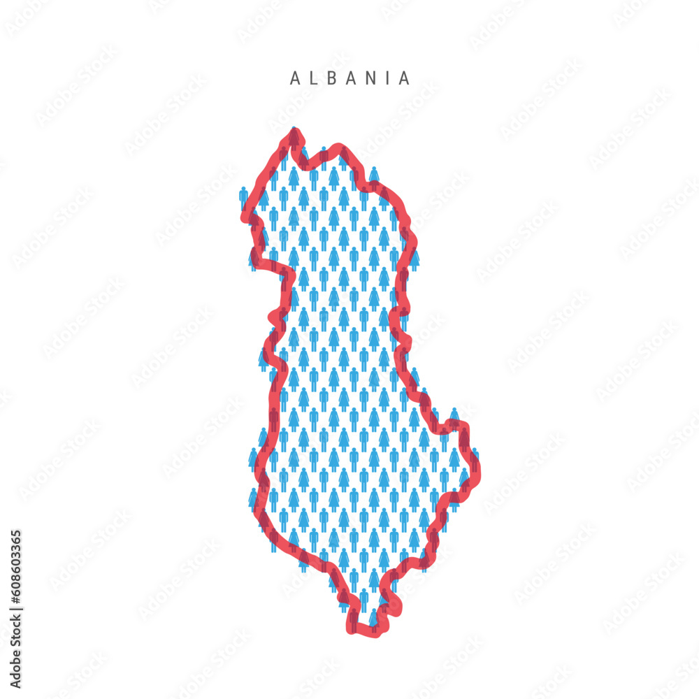Albania population map. Stick figures Albanian people map with bold red ...