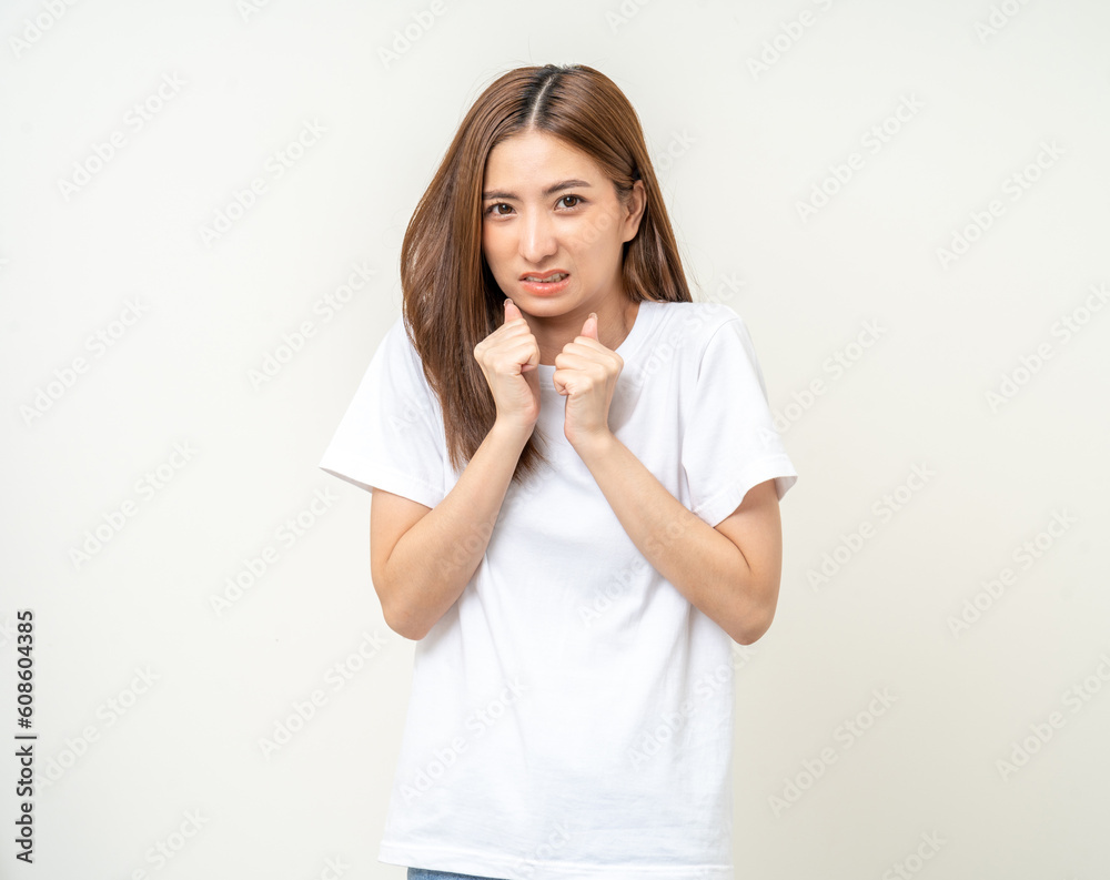 Angry asian woman feel scared emotionally. Unsafe afraid fear. Terrified asian female horrified ...