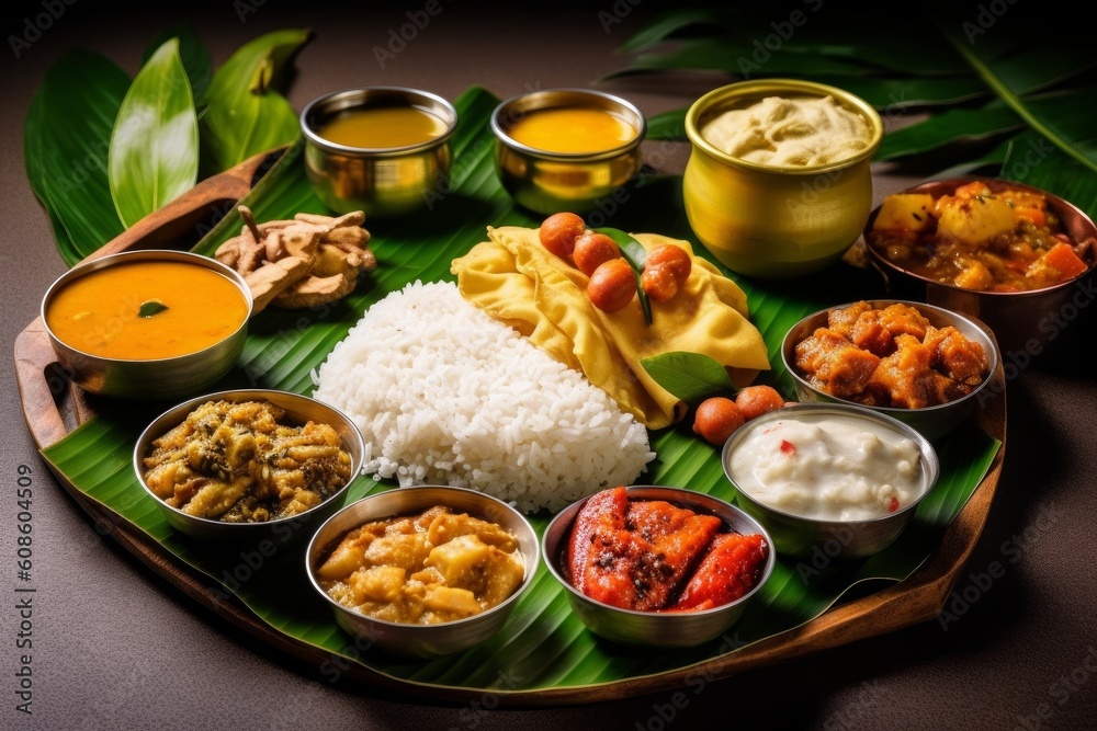 Traditional Onam sadhya: rice, Sambar, Rasam, parippu dal. Generative ...