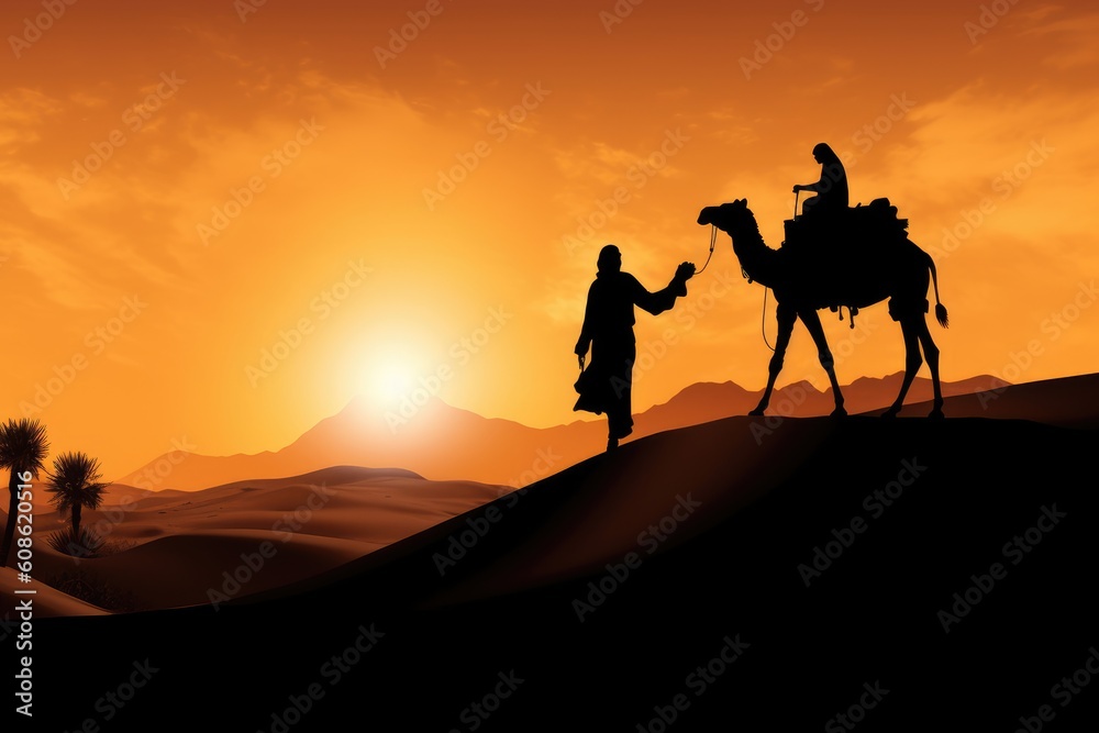 Ilustración de Stock Silhouette of Joseph and Mary on camel across ...