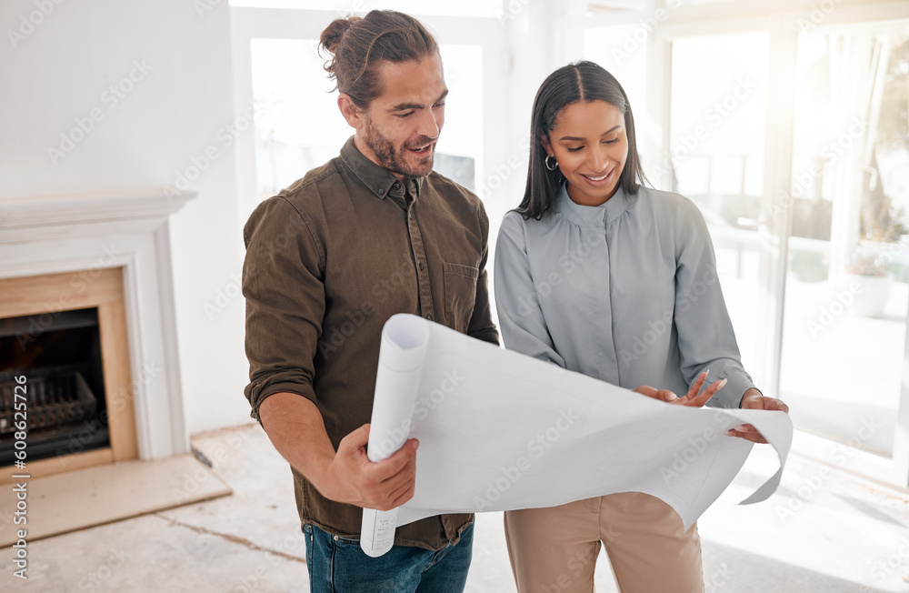 Architecture, collaboration and couple with blueprint at construction ...