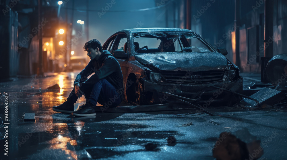 Ilustración de Stock Crying man sitting near wrecked car on road ...