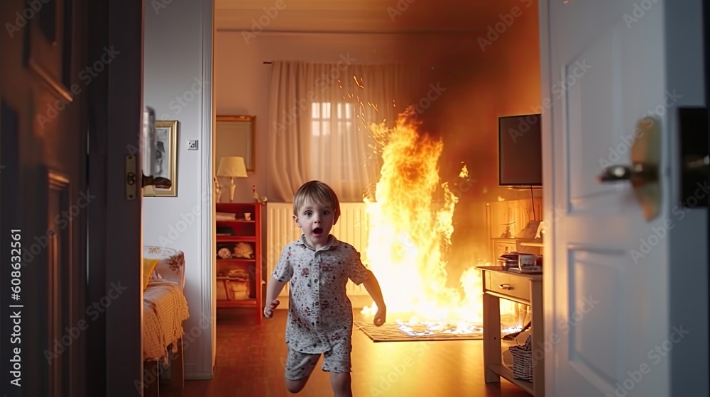 Scared little boy running away from fire in home, screaming boy dabbled ...