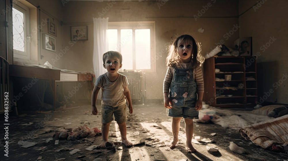 Crying sad children in dirty cluttered apartment, children from ...